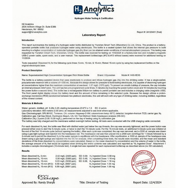 H2 Analytics Certified Molecular Hydrogen water bottle X5